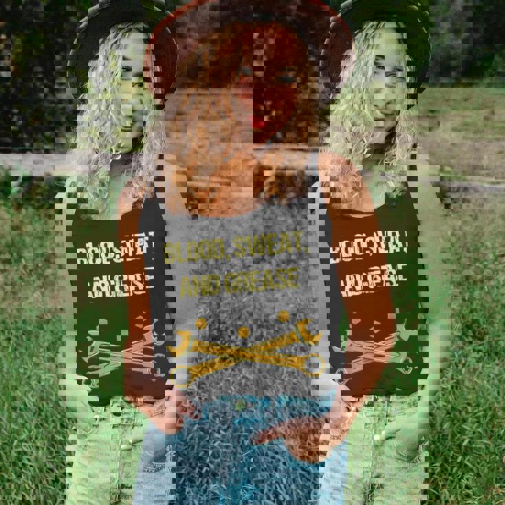 Blood Sweat And Grease Mechanic Humor Car Repair Memes Tank Top | Mazezy