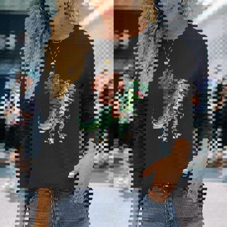 Bigfoot Riding T Rex Bigfoot Dinosaur Long Sleeve - Monsterry