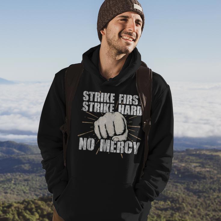 Strike First Strike Hard No Mercy Karate Fist Cobra Hoodie | Mazezy