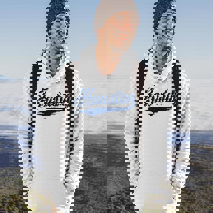 Houston Sports Script Cursive Text Classic Swoosh Hoodie | Mazezy