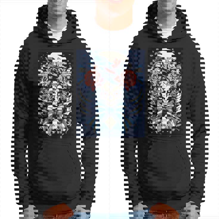 Gothic Rebellion Skull With Punk Rock Roses Graphic Design Hoodie | Mazezy