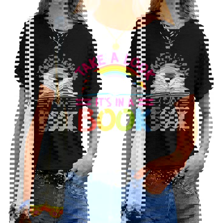 Take A Look Its In A Book Vintage Retro Rainbow Librarian Women T-shirt ...
