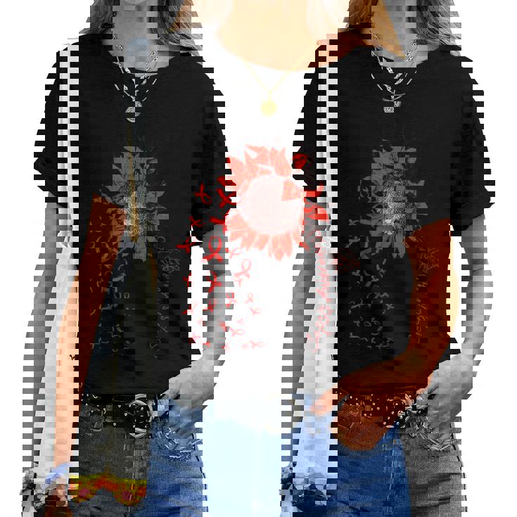 Sepsis Awareness Sunflower Red Ribbon Women T-shirt | Mazezy