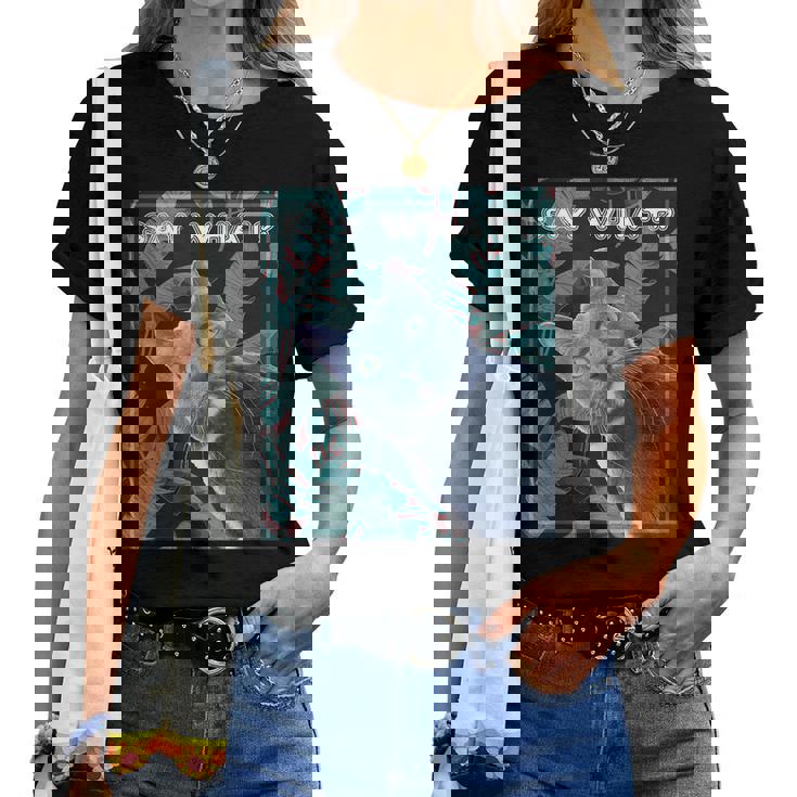 Tropical Palm Leaf Moody Floral Surprised Cat Meme Women T-shirt | Mazezy