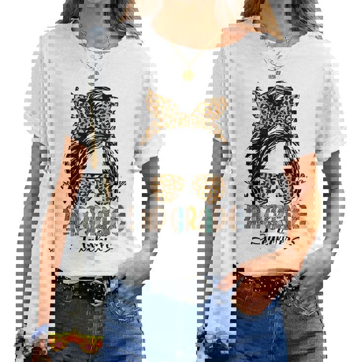 2Nd Grade Teacher Messy Bun Leopard Back To School Women T-shirt | Mazezy