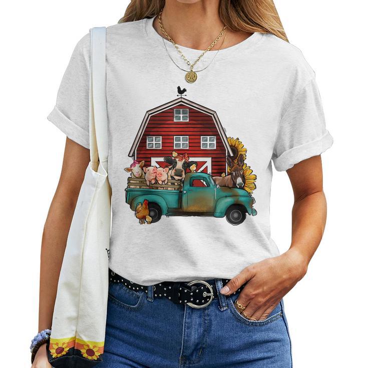 Red Barn Farm Pickup Truck With Farm Animals Farmer Cow Girl Women T ...