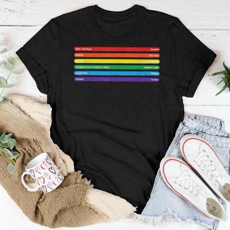 Chicago Pride Lgbt Gay Rainbow Flag Color Train Line Women T-shirt | Mazezy