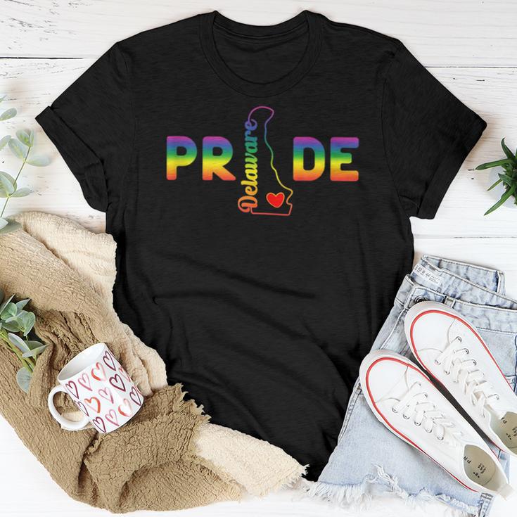 Delaware Pride With State Outline In Rainbow Colors Women T-shirt | Mazezy
