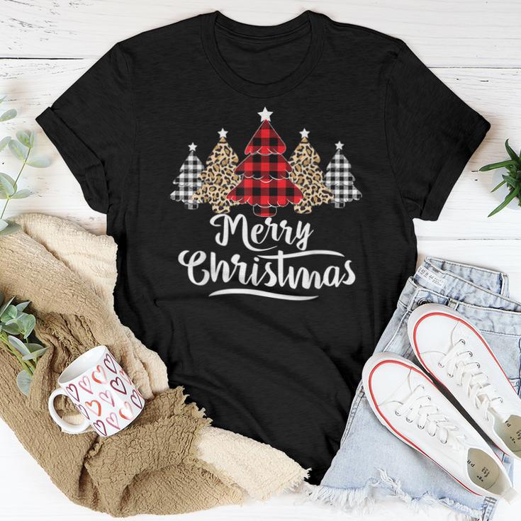 Merry Christmas Leopard Buffalo Plaid Christmas Tree Xmas Women T-shirt ...