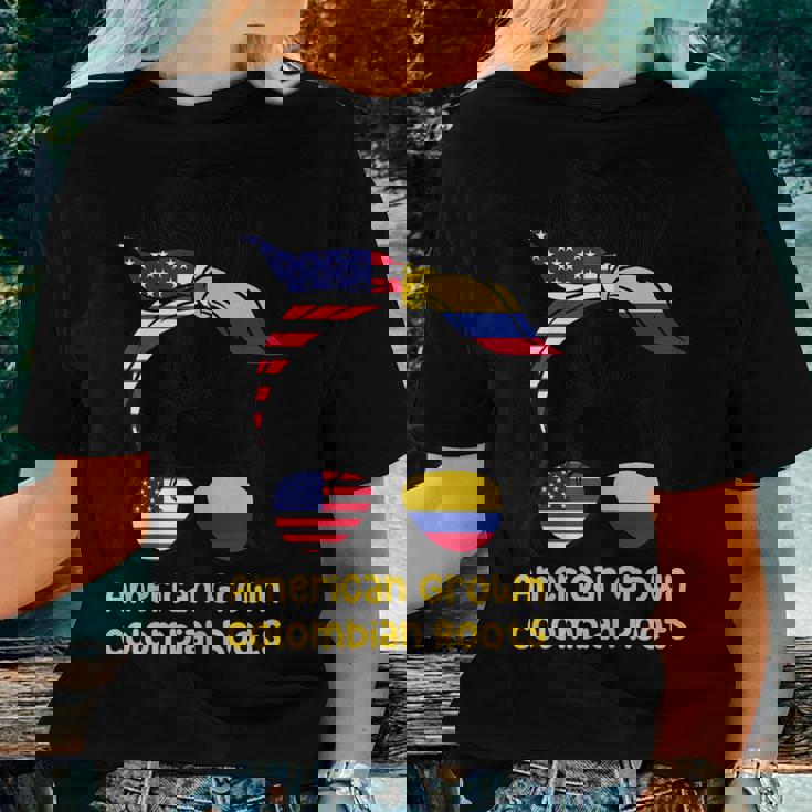 American Grown With Colombian Roots Heritage Messy Bun Women T-shirt ...