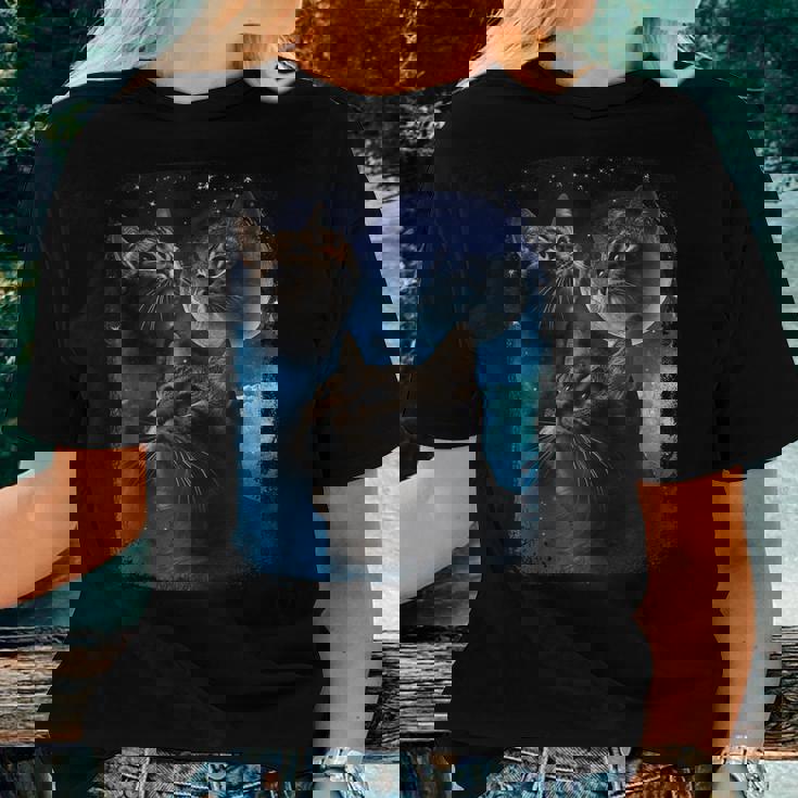 Cats Howl At Moon Vintage Three Cat Howling Wolf Meme Women T-shirt ...