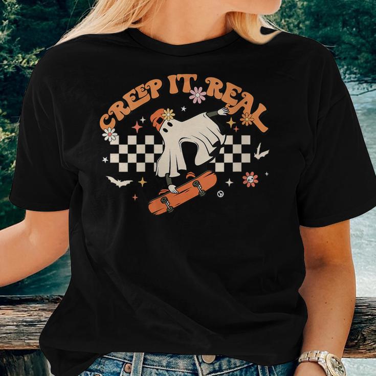 Creep It Real Retro Halloween Party Ghost Skateboard Women T-shirt | Mazezy
