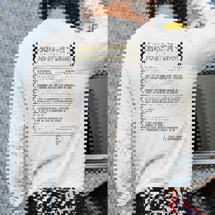 Bachelor Party Checklist Group Dares Challenge Stag Do Game Back Print Long Sleeve T-shirt | Mazezy