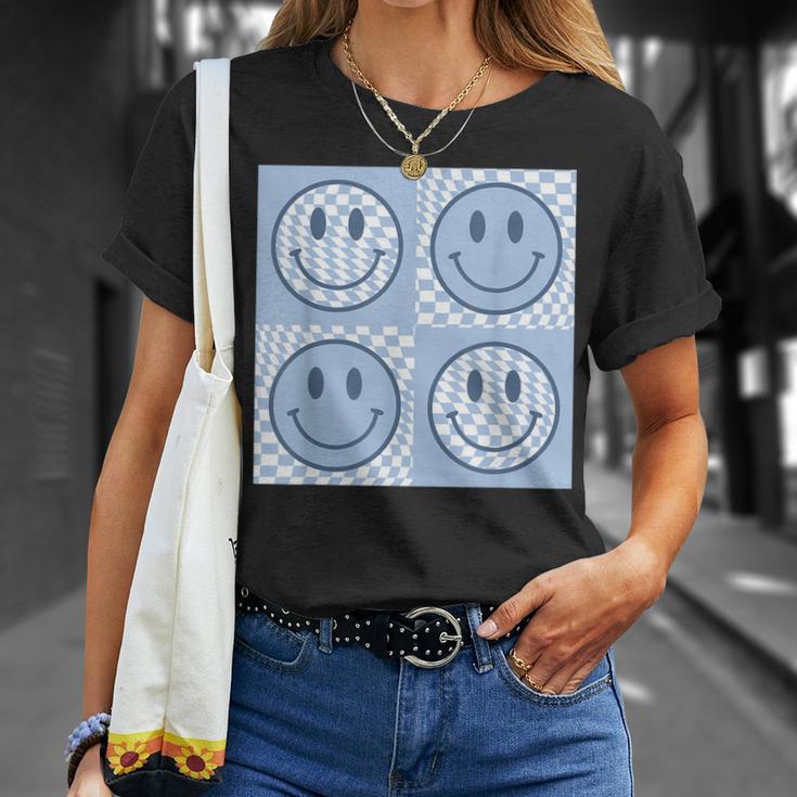 Happy Face Checkered Pattern Smile Face Meme Trendy T-Shirt - Monsterry
