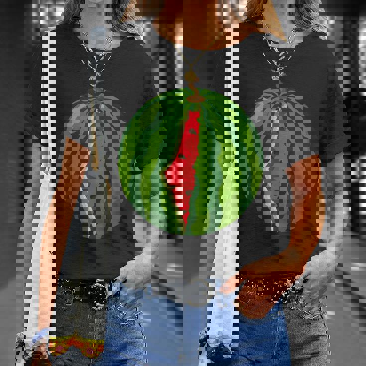 Palestine Map Watermelon Arabic Calligraphy T-Shirt - Monsterry