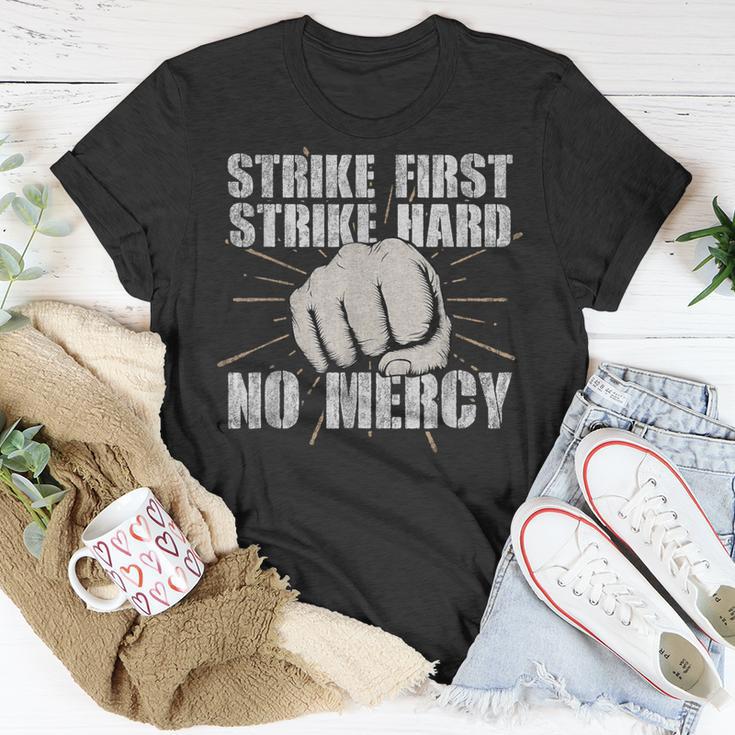Strike First Strike Hard No Mercy Karate Fist Cobra T-Shirt | Mazezy