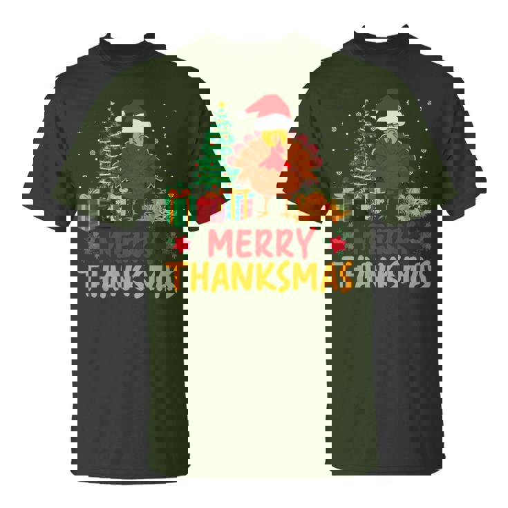 Merry Thanksmas Christmas Thanksgiving Turkey Santa T-Shirt | Mazezy