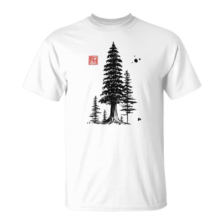 Redwood Trees Forest Sumi-E T-Shirt | Mazezy