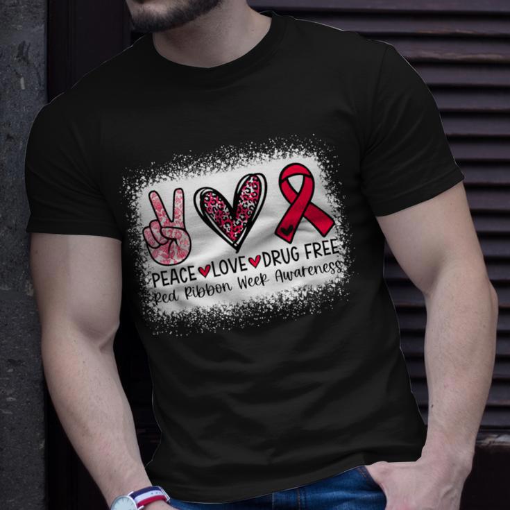 Bleached Peace Love Drug Free Red Ribbon Week Awareness T-Shirt - Thegiftio