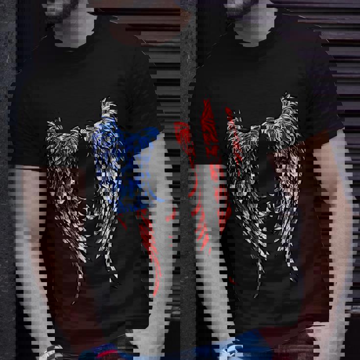 Distressed American Flag Angel Wings Unisex T-Shirt | Mazezy
