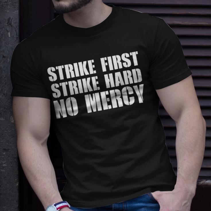 Strike First Strike Hard No Mercy Karate Dojo Cobra T-Shirt | Mazezy