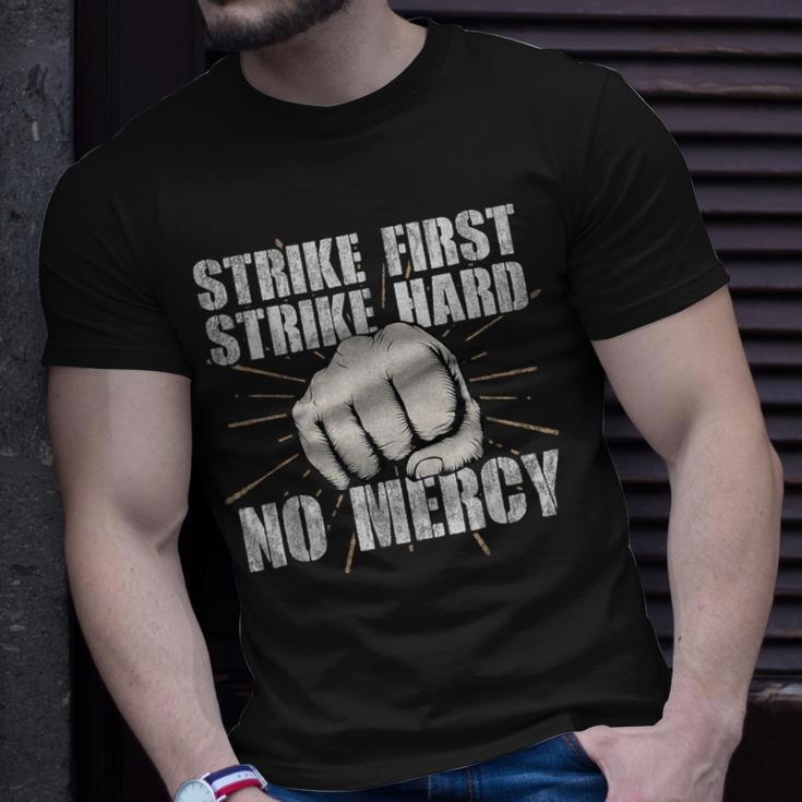 Strike First Strike Hard No Mercy Karate Fist Cobra T-Shirt | Mazezy