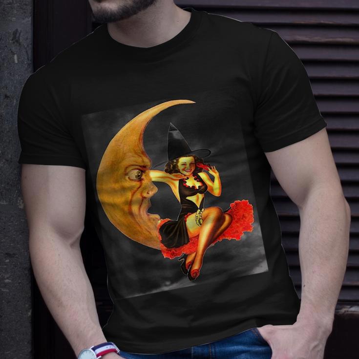 Vintage Pin Up Girl Witch On Moon Halloween Moon Funny Gifts Unisex T ...
